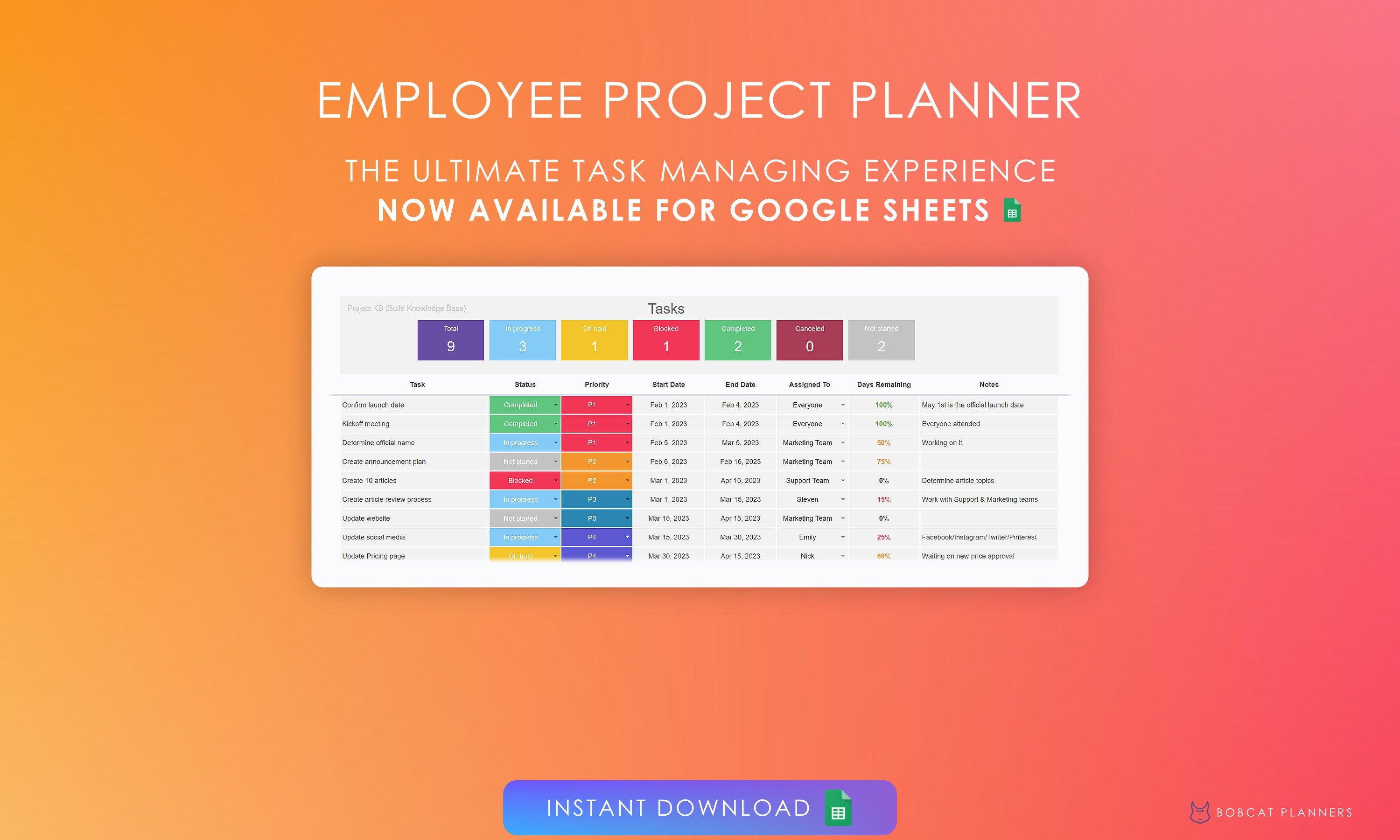 Employee Project Task Planner for Google Sheets – Bobcat Planners